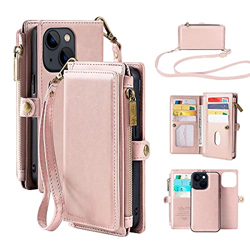 MInCYB Wallet Case Compatible with iPhone 13, Zipper Case with RFID Blocking Card Holder Slots, Magnetic Detachable Leather Flip Folio Cover. Crossbody Phone Case of iPhone 13. Pink