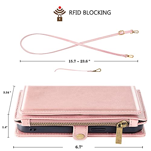 MInCYB Wallet Case Compatible with iPhone 13, Zipper Case with RFID Blocking Card Holder Slots, Magnetic Detachable Leather Flip Folio Cover. Crossbody Phone Case of iPhone 13. Pink