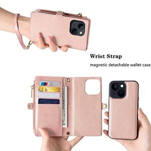 MInCYB Wallet Case Compatible with iPhone 13, Zipper Case with RFID Blocking Card Holder Slots, Magnetic Detachable Leather Flip Folio Cover. Crossbody Phone Case of iPhone 13. Pink