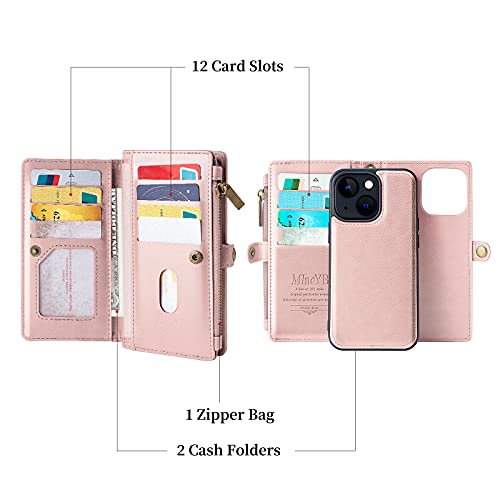 MInCYB Wallet Case Compatible with iPhone 13, Zipper Case with RFID Blocking Card Holder Slots, Magnetic Detachable Leather Flip Folio Cover. Crossbody Phone Case of iPhone 13. Pink