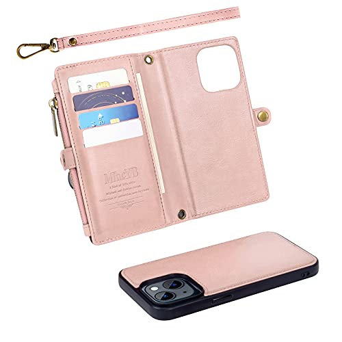 MInCYB Wallet Case Compatible with iPhone 13, Zipper Case with RFID Blocking Card Holder Slots, Magnetic Detachable Leather Flip Folio Cover. Crossbody Phone Case of iPhone 13. Pink