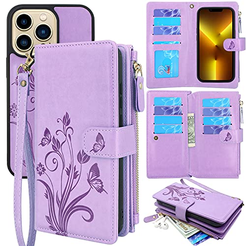 Lacass Compatible with iPhone 13 Pro 6.1 inch 2021 Case [Card Slots] ID Credit Cash Holder Zipper Pocket Detachable Magnet Leather Wallet Cover Wrist Strap Lanyard (Floral Light Purple)