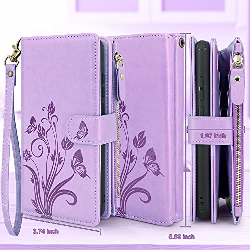 Lacass Compatible with iPhone 13 Pro 6.1 inch 2021 Case [Card Slots] ID Credit Cash Holder Zipper Pocket Detachable Magnet Leather Wallet Cover Wrist Strap Lanyard (Floral Light Purple)