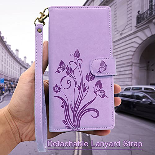 Lacass Compatible with iPhone 13 Pro 6.1 inch 2021 Case [Card Slots] ID Credit Cash Holder Zipper Pocket Detachable Magnet Leather Wallet Cover Wrist Strap Lanyard (Floral Light Purple)