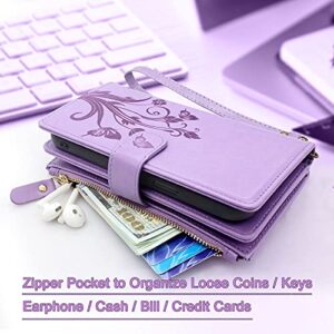 Lacass Compatible with iPhone 13 Pro 6.1 inch 2021 Case [Card Slots] ID Credit Cash Holder Zipper Pocket Detachable Magnet Leather Wallet Cover Wrist Strap Lanyard (Floral Light Purple)