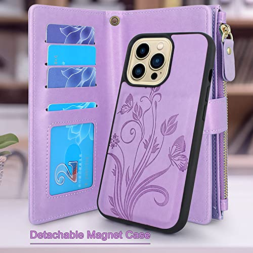 Lacass Compatible with iPhone 13 Pro 6.1 inch 2021 Case [Card Slots] ID Credit Cash Holder Zipper Pocket Detachable Magnet Leather Wallet Cover Wrist Strap Lanyard (Floral Light Purple)