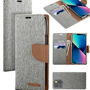 GOOSPERY Canvas Wallet Designed for Apple iPhone 13 Wallet Case, Stylish Denim Fabric Design [3 Card Slots & 1 Side Cash Pocket] [Standing Feature] Card Holder Flip Phone Cover - Gray