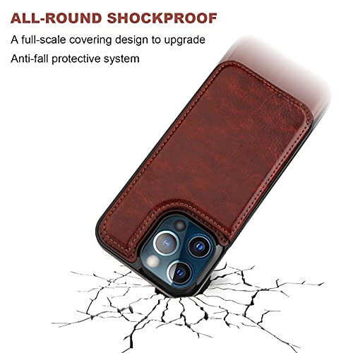 ONETOP Compatible with iPhone 13 Pro Wallet Case with Card Holder, PU Leather Kickstand Card Slots Case, Double Magnetic Clasp Durable Shockproof Cover 6.1 Inch(Brown)