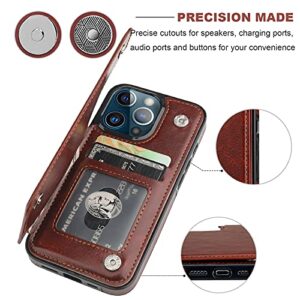 ONETOP Compatible with iPhone 13 Pro Wallet Case with Card Holder, PU Leather Kickstand Card Slots Case, Double Magnetic Clasp Durable Shockproof Cover 6.1 Inch(Brown)