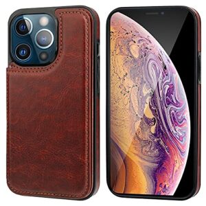 ONETOP Compatible with iPhone 13 Pro Wallet Case with Card Holder, PU Leather Kickstand Card Slots Case, Double Magnetic Clasp Durable Shockproof Cover 6.1 Inch(Brown)