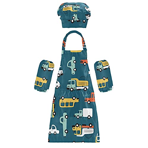 Kids Apron Chef Hat Set for Boys Car Childish Truck Waterproof with Pockets Painting Cooking 3-6