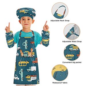 Kids Apron Chef Hat Set for Boys Car Childish Truck Waterproof with Pockets Painting Cooking 3-6