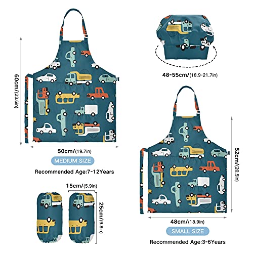 Kids Apron Chef Hat Set for Boys Car Childish Truck Waterproof with Pockets Painting Cooking 3-6