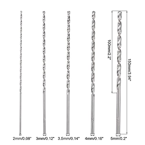 uxcell 6-Inch Lengthen Twist Drill Bit Set High-Speed Steel 2mm - 5mm Drilling Dia 150mm Total Length