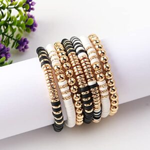 GOOJIDS Black Surfer Heishi Clay Bead Bracelets for Women Bohemian Stackable Vinyl Disc Beaded Stretch Bracelets Layering Friendship Bracelets Boho Jewelry