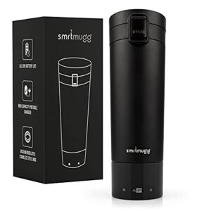 smrtmugg heated coffee mug, all day battery life, battery powered travel mug, smart mug, great for coffee and tea, fast heating technology, portable charger (black 10 oz.)