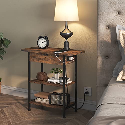 LIDYUK End Table with Charging Station, Flip Top Side Table with USB Ports and Outlets, Nightstand for Small Spaces, Bedside Tables with Storage Shelf for Living Room, Bedroom, Brown