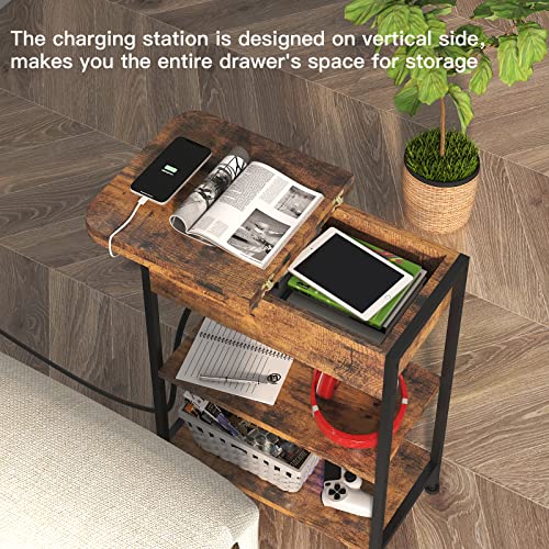 LIDYUK End Table with Charging Station, Flip Top Side Table with USB Ports and Outlets, Nightstand for Small Spaces, Bedside Tables with Storage Shelf for Living Room, Bedroom, Brown