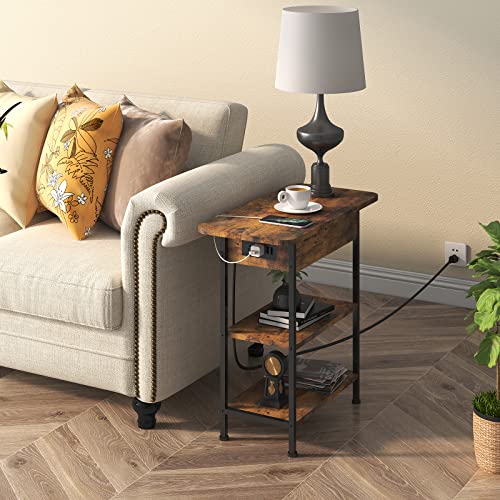 LIDYUK End Table with Charging Station, Flip Top Side Table with USB Ports and Outlets, Nightstand for Small Spaces, Bedside Tables with Storage Shelf for Living Room, Bedroom, Brown