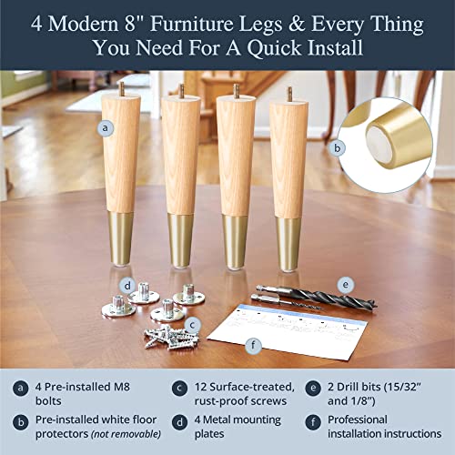 Ash Wood Furniture Legs With Gold Caps - Mid Century Legs For Sofa, Chair, Table, Dresser, Bed, Cabinet, Ottoman - Wooden Legs Are Easy To Install & Include Installation Hardware - Set of 4, 8 Inches