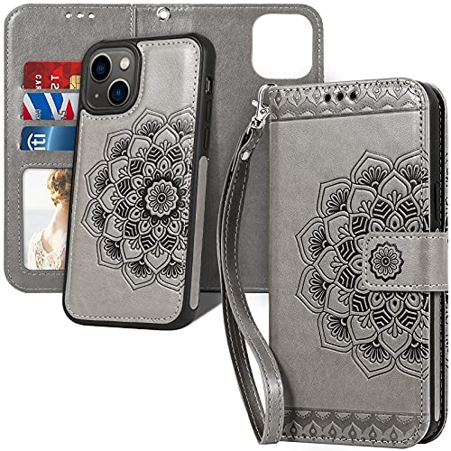 CASEOWL iPhone 13 Wallet Case - Magnetic Detachable 2-in-1 Mandala Embossed Leather with RFID Blocking, Card Holder, Hand Strap (Gray)