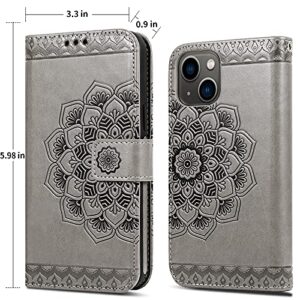 CASEOWL iPhone 13 Wallet Case - Magnetic Detachable 2-in-1 Mandala Embossed Leather with RFID Blocking, Card Holder, Hand Strap (Gray)