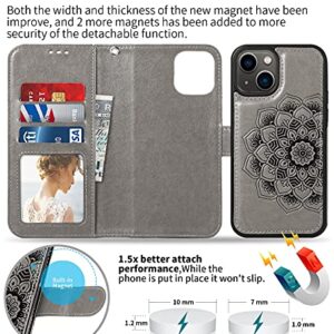 CASEOWL iPhone 13 Wallet Case - Magnetic Detachable 2-in-1 Mandala Embossed Leather with RFID Blocking, Card Holder, Hand Strap (Gray)