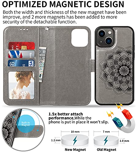 CASEOWL iPhone 13 Wallet Case - Magnetic Detachable 2-in-1 Mandala Embossed Leather with RFID Blocking, Card Holder, Hand Strap (Gray)