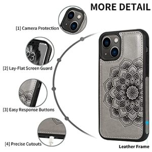 CASEOWL iPhone 13 Wallet Case - Magnetic Detachable 2-in-1 Mandala Embossed Leather with RFID Blocking, Card Holder, Hand Strap (Gray)