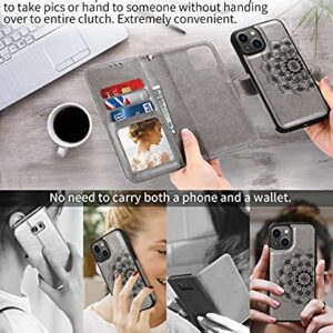 CASEOWL iPhone 13 Wallet Case - Magnetic Detachable 2-in-1 Mandala Embossed Leather with RFID Blocking, Card Holder, Hand Strap (Gray)