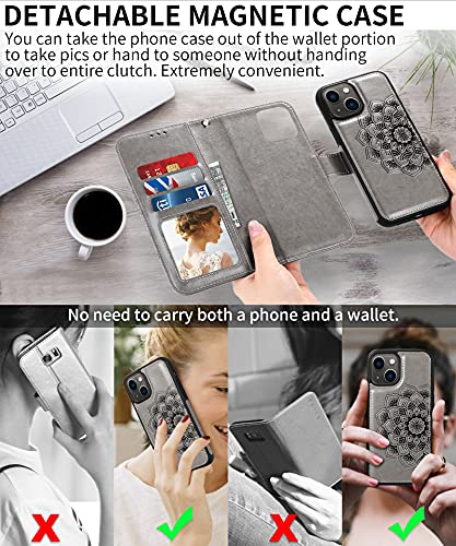 CASEOWL iPhone 13 Wallet Case - Magnetic Detachable 2-in-1 Mandala Embossed Leather with RFID Blocking, Card Holder, Hand Strap (Gray)