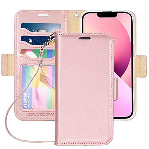 ERAGLOW for iPhone 13 Case,iPhone 13 Wallet Case,RFID Blocking [Stand Feature] [Card-Slots] Premium PU Leather Magnetic Protect Flip Cover for iPhone 13 6.1"(Rose Gold)