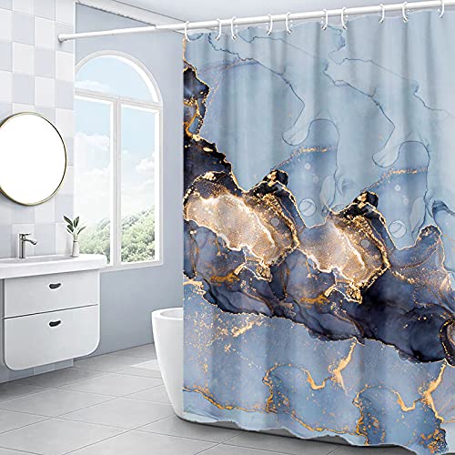 Domoku Blue Gold Marble Shower Curtain,Sky Blue Golden Cracked Lines Abstract Modern Shower Curtain for Bathroom Decor,Waterproof Texture Washable Fabric Shower Curtain,72 X 72