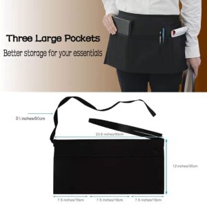 Lchkrep Waist Apron with 3 Pockets - Black Waitress Waiter Short Aprons, Water Resistant Added Long Waist Strap Reinforced Seams Half Apron for Women Men (1 PACK)