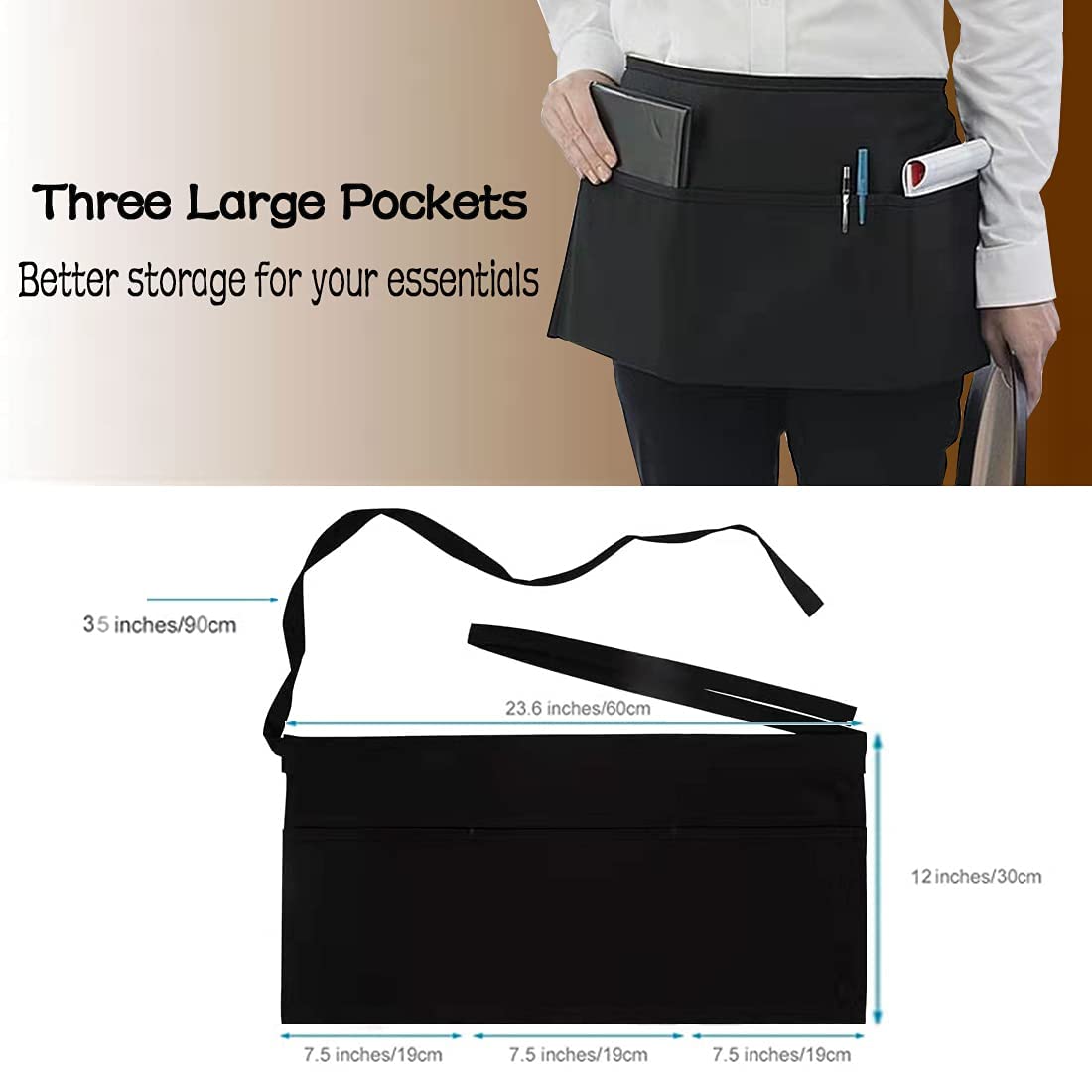 Lchkrep Waist Apron with 3 Pockets - Black Waitress Waiter Short Aprons, Water Resistant Added Long Waist Strap Reinforced Seams Half Apron for Women Men (1 PACK)