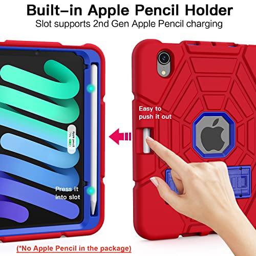 Grifobes Case for iPad Mini 6, for iPad Mini 6th Generation, Heavy Duty Shockproof Rugged Cover with Pencil Holder Stand, Protective Mini 6th Gen 8.3 inch 2021 Case for Kids Boys (Red+Blue)