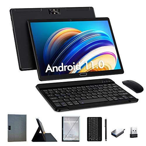 Tablet 10.1 Inch Android 11 Tablets with 4G LTE Cellular, 4G RAM, 64GB ROM, 2 In 1, Octa-Core, Keyboard，Tablet Case, 13MP Camera, Bluetooth, WiFi, GPS, Dual Sim Card Slot, HD Touchscreen, (Black)