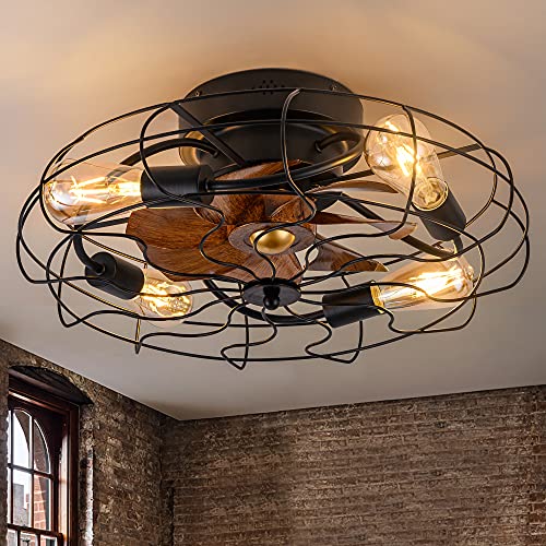 DIDER 21" Low Profile Caged Ceiling Fan with Lights Remote Control, Include Bulbs, Farmhouse Bladeless Small Industrial Black Ceiling Light Fixture for Bedroom