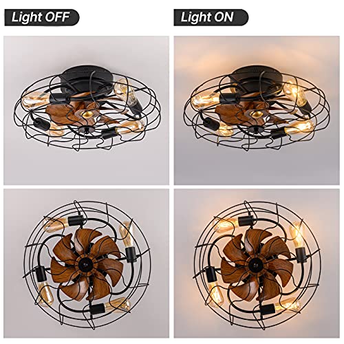 DIDER 21" Low Profile Caged Ceiling Fan with Lights Remote Control, Include Bulbs, Farmhouse Bladeless Small Industrial Black Ceiling Light Fixture for Bedroom