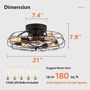 DIDER 21" Low Profile Caged Ceiling Fan with Lights Remote Control, Include Bulbs, Farmhouse Bladeless Small Industrial Black Ceiling Light Fixture for Bedroom