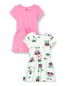 amazon essentials toddler girls' knit short-sleeve cinch-waist dresses (previously spotted zebra), pack of 2, pink watermelon, 4t