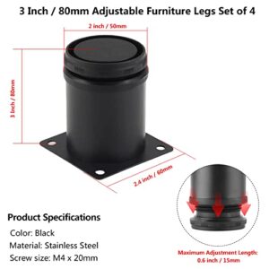 Qjaiune Adjustable Furniture Legs 3 Inch / 80mm Sofa Legs Set of 4, 2 Inch Dia Round Stainless Steel Metal Cabinet Feet Couch Foot Replacement for Chair Dresser & Coffee Table DIY (Black)