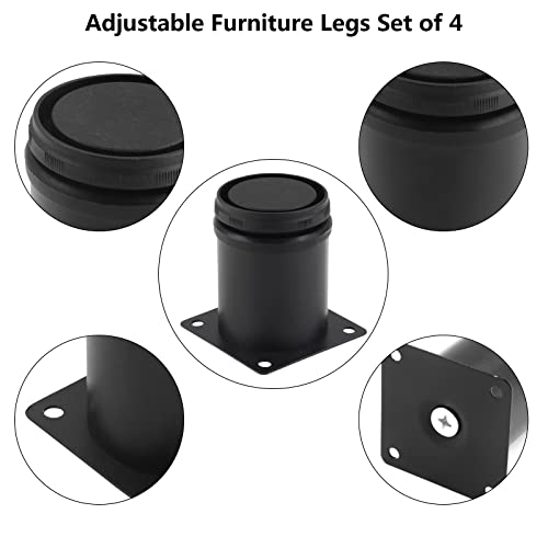 Qjaiune Adjustable Furniture Legs 3 Inch / 80mm Sofa Legs Set of 4, 2 Inch Dia Round Stainless Steel Metal Cabinet Feet Couch Foot Replacement for Chair Dresser & Coffee Table DIY (Black)