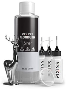 silver alcohol ink for resin - metallic alcohol ink silver color 4-ounce for epoxy resin, tumblers, resin art, alcohol ink paper, silver pigment ink, 3 pixiss needle tip applicator bottles and funnel