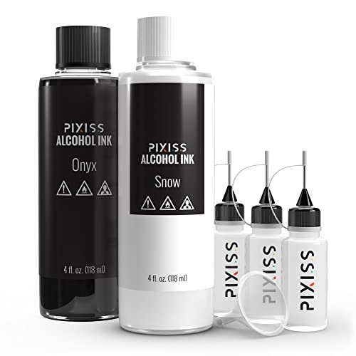 White and Black Alcohol Ink for Resin - Alcohol Ink Black Onyx and White Snow Colors 4-Ounce for Epoxy Resin, Tumblers, Resin Art, Alcohol Ink Paper, 3 Pixiss Needle Tip Applicator Bottles and Funnel