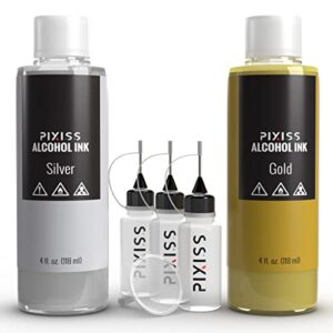 silver and gold alcohol ink for resin - metallic alcohol ink silver and gold colors 4-ounce for epoxy resin, tumblers, resin art, alcohol ink paper, 3 pixiss needle tip applicator bottles and funnel