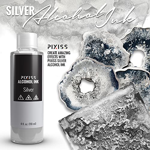 Silver and Gold Alcohol Ink for Resin - Metallic Alcohol Ink Silver and Gold Colors 4-Ounce for Epoxy Resin, Tumblers, Resin Art, Alcohol Ink Paper, 3 Pixiss Needle Tip Applicator Bottles and Funnel