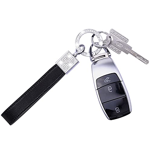 Wisdompro Bling Leather Car Keychain, Universal Genuine Leather Car Keys Keychain Key FOB Keychain, Key Chains Women for Car Keys with Anti-lost D-ring and 2 Keyrings - Black