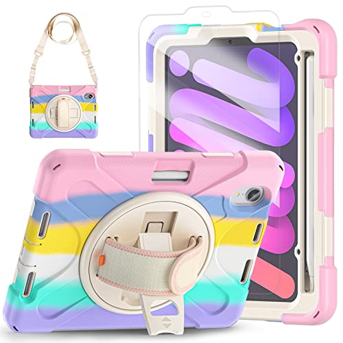 TSQQST iPad Mini 6 Case 8.3 Inch 2021 for Kids Girls with Screen Protector | iPad Mini 6th Generation Case with Pencil Holder Stand & Strap | Rugged Shockproof Cover for iPad Mini 6 Gen Rainbow Pink