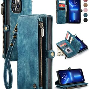 Defencase for iPhone 13 Pro Max Case, iPhone 13 Pro Max Case Wallet for Women Men, Durable PU Leather Magnetic Flip Lanyard Strap Wristlet Zipper Card Holder Phone Cases for iPhone 13 Pro Max, Blue